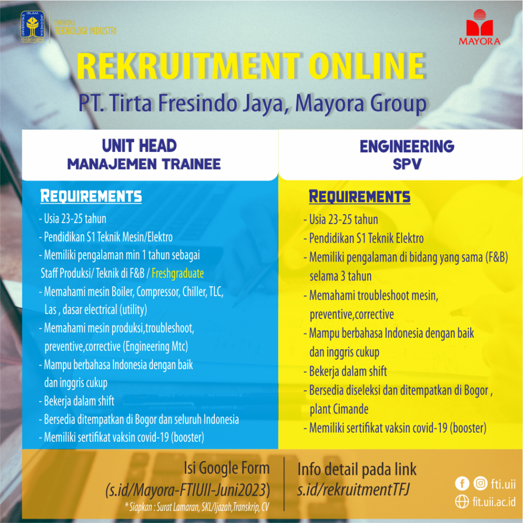 Rekrutmen Online PT. Tirta Fresindo Jaya (Mayora Group) Periode Juni 2023 – Fakultas Teknologi ...